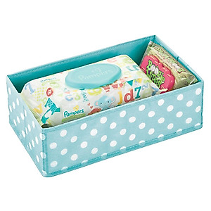 mDesign Fabric Drawer Organizer Bins, Kids/Baby Nursery Dresser, Closet, Shelf, Playroom Organization, Hold Clothes, Toys, Diapers, Bibs, Blankets, 4 Pack - Turquoise Blue/White Polka Dot