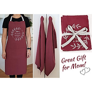 Mom Apron Set with Matching Dish Towels - Gift for Mom Wife Grandma for Cooking Baking – Mommy Apron - Kitchen Aprons for Mom Women Grandma – Cooking Aprons for Women – Cotton Linen Embroidered Apron