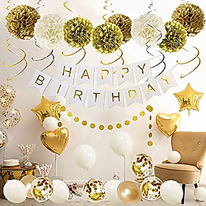Gold White Birthday Party Decorations with Happy Birthday Banner,Heart Star foil balloons,DIY Cake Topper,Circle Dots Garland,Hanging Swirls,Tissue Paper Pompoms for Man Women