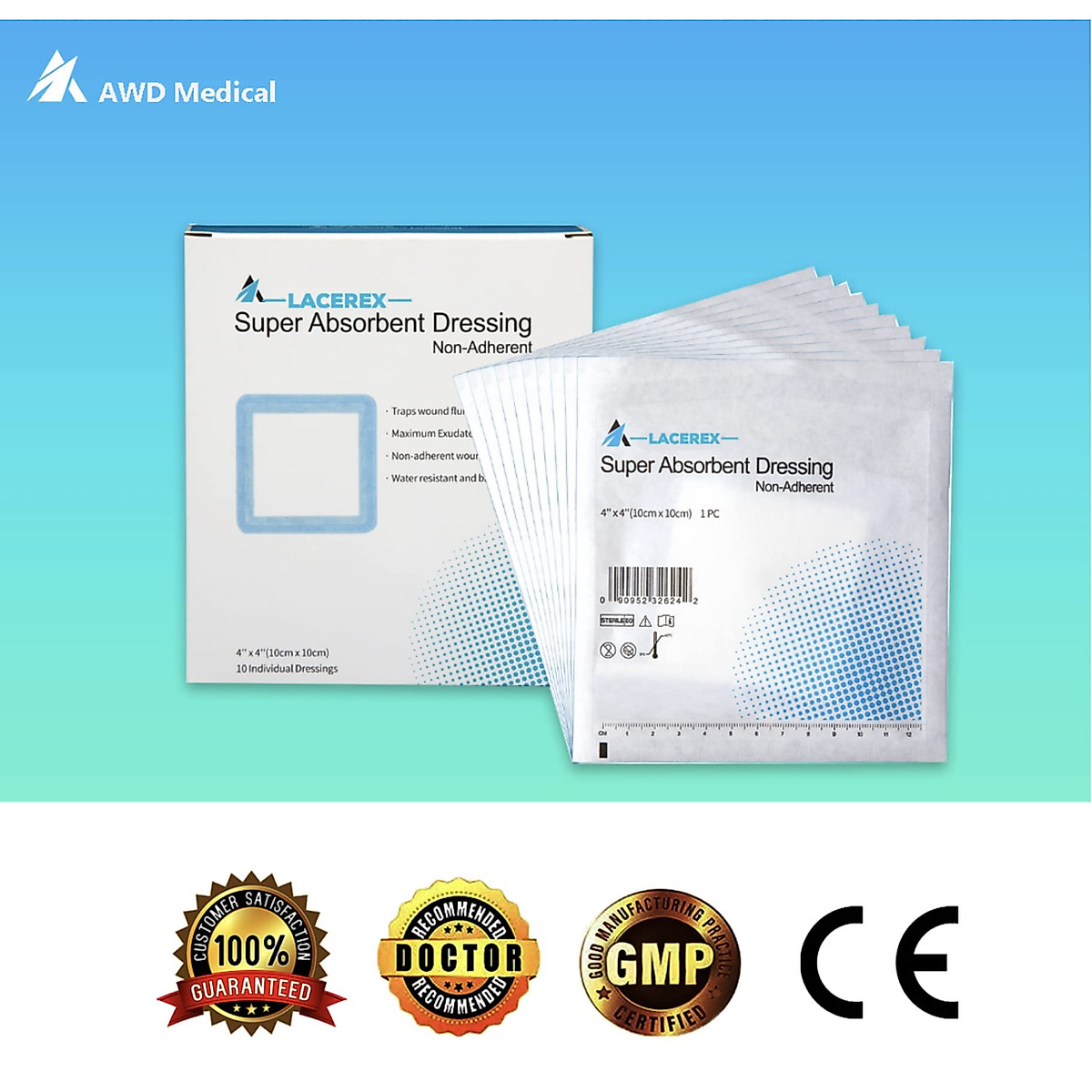 AWD Super Absorbent Wound Dressing Pad, Non Adhesive Dressing for Pressure Ulcers, 1st and 2nd Degree Burns, Gentle on The Skin, Absorbs 20 Times Its Weight, (10/Bx)