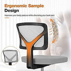 Armless Small Home Office Desk Chair, Ergonomic Low Back Computer Chair, Adjustable Rolling Swivel Task Chair with Lumbar Support for Small Space, 1 Pack, Grey