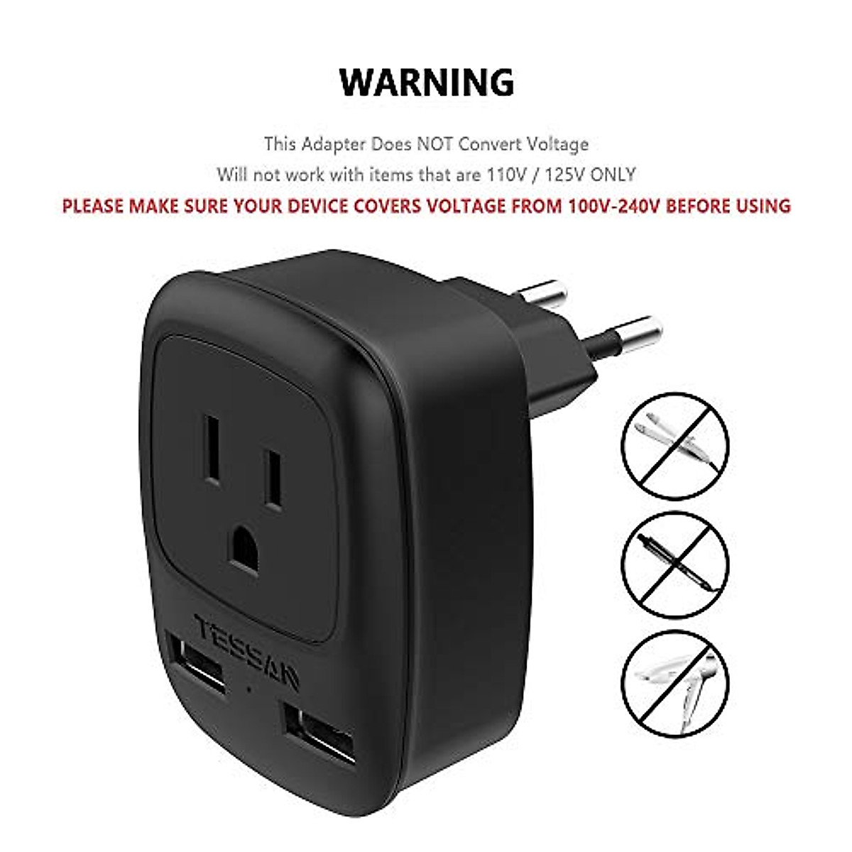 European Travel Plug Adapter 2 Pack, TESSAN International Power Outlet Adaptor with 2 USB, Type C Charger from USA to Most of Europe EU Spain Iceland Germany France Italy Israel, Black