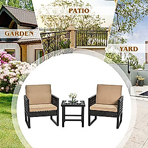 RELAX4LIFE 3-Piece Patio Furniture Set - Wicker Rattan Sofa Set, Bistro Set with Coffee Table, Seat & Back Cushions, Outdoor Conversation Set for Garden, Backyard, Poolside
