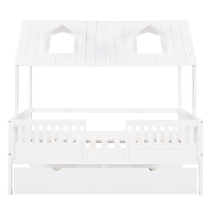 MERITLINE Full House Bed with Trundle, Wooden Platform Bed Frame with Roof, for Kids Teens Girls Boys - White