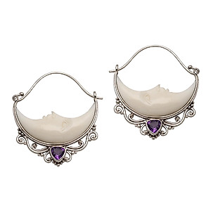 NOVICA Artisan Handmade Amethyst Hoop Earrings Crescent Moon from Bali Bone Sterling Silver Indonesia Birthstone Gemstone Sun [1.4 in L x 0.2 in W x 1.2 in D] ' Sleeping Moons'