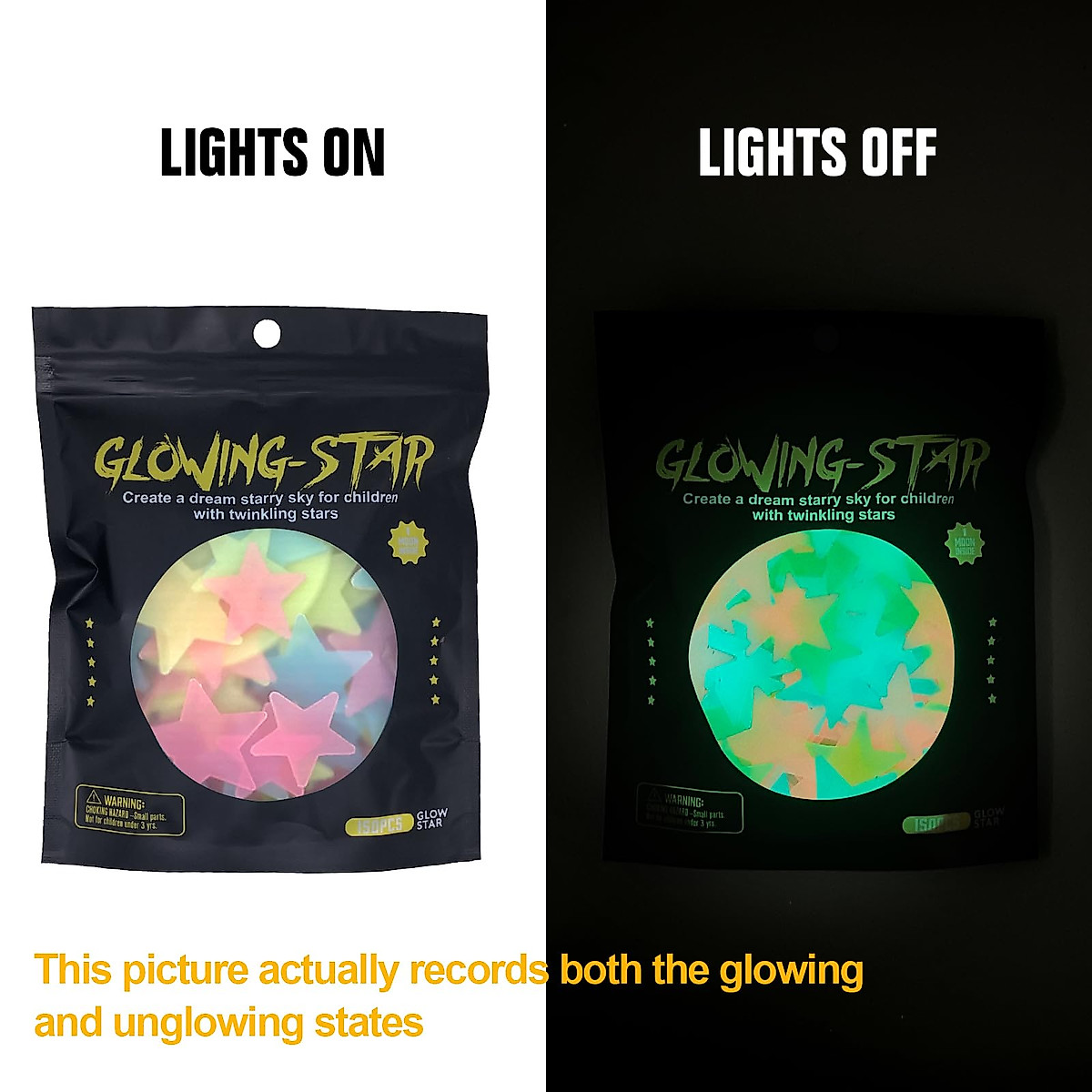 150pcs Glow in The Dark Ceiling Stars, Mixed Colour Superbright Plastic Stars Wall Decor, Removable Reusable Wall Sticker Murals Decoration for Nursery Room Decor for Children