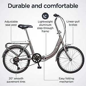 Schwinn Loop Adult Folding Bike for Men and Women, 20-inch Wheels, 7-Speed Drivetrain, Rear Cargo Rack, Carrying Bag, Silver