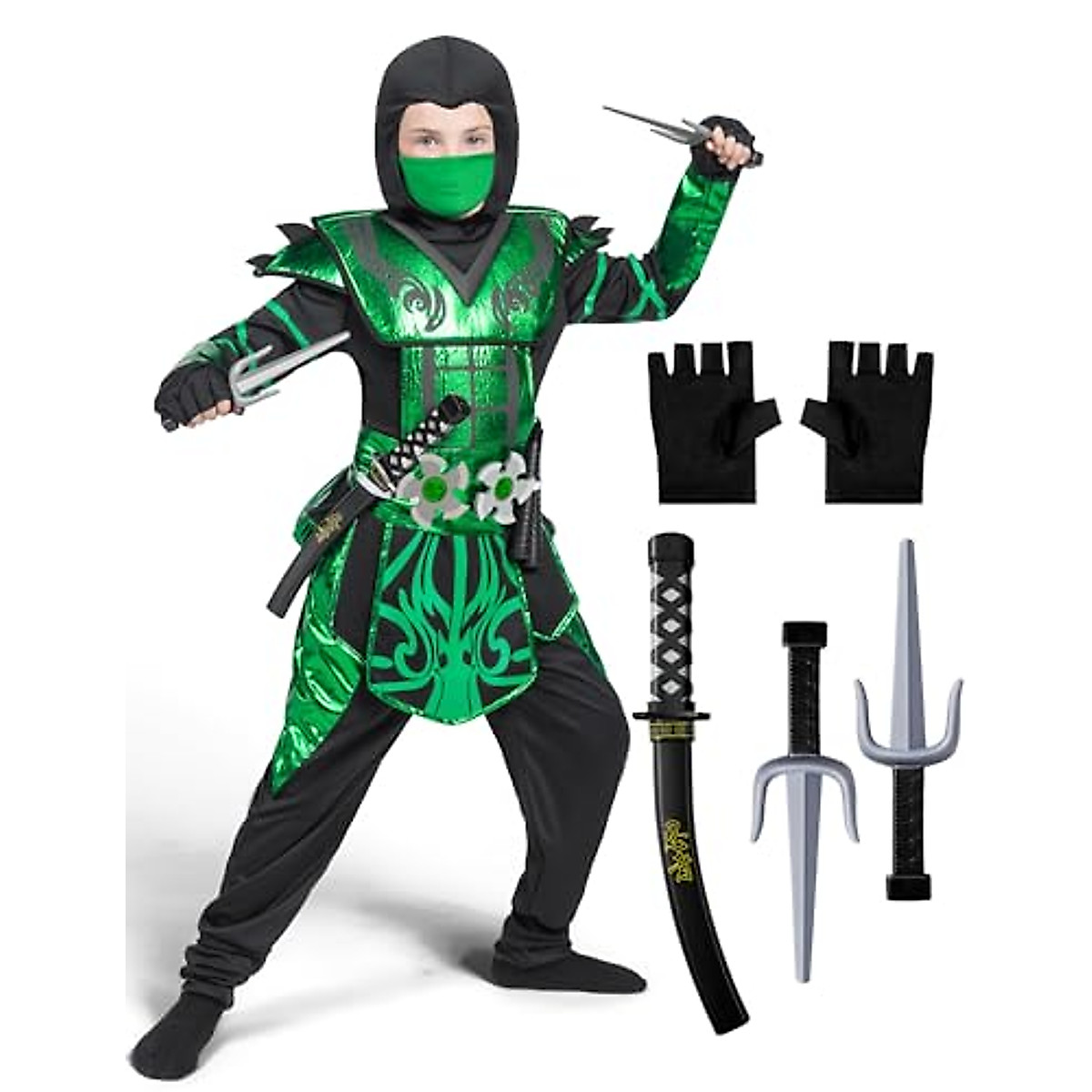 Spooktacular Creations Halloween Ninja Costume for Boys, Green Ninja Costume for Kids Ninja Themed Parties, Halloween Costume Dress Up (Small (5-7yr))