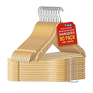 Lifemaster Wooden Hanger Set - 80 Pieces Non-Slip Versatile Closet Space-Saving Hanger Set for Suit, Coat, Camisole, Jacket, Pants, and Dresses with Rotating Swivel Hook - Natural Wood