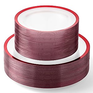 By Madee HEAVYWEIGHT 100 Pc Clear and Red Party Plates | Includes 50 Dinner & 50 Dessert Plates (50 Guests)