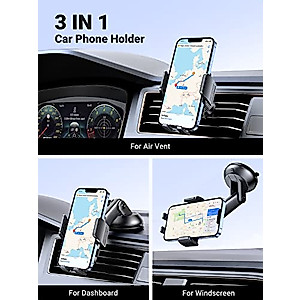 UGREEN Car Phone Holder Mount for Dashboard Windshield Air Vent 3 in 1 Universal Cell Phone Holder for Car Accessories Cradle Compatible with iPhone 14 13 12 11 Pro Max Smartphone, Strong Suction Cup