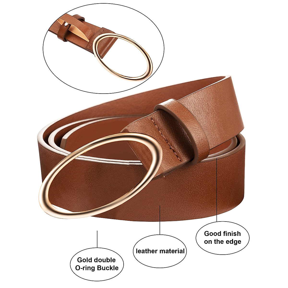 Syhood 2 Pack Women's Leather Belts for Jeans Dresses Fashion Ladies Belt with Gold Double Ring Buckle Brown Black