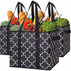 WISELIFE Reusable Grocery Bags 3-Pack Foldable Washable Large Storage Bins Basket Water Resistant Shopping Tote Bag Black