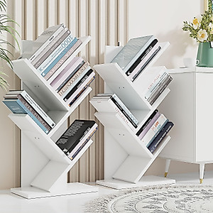 YMYNY 4 Tier Tree Bookshelf, Small Bookcase, Modern Wood Book Storage Rack, Freestanding Book Shelf for Books/Movies/CDs, Narrow Display Rack for Living Room, Home Office, Rustic Brown UHBC014H