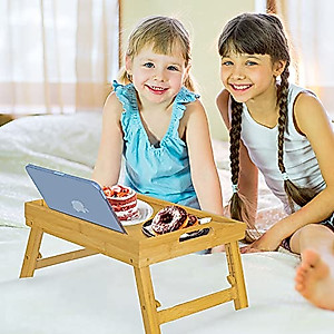 Bed Tray Table for Eating - Bamboo Breakfast Food Table with Phone Tablet Holder - Adjustable Height Serving Tray with Folding Legs on Lap Sofa - Portable Laptop Snack Platter for Bedroom Picnic