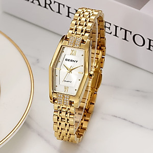 BERNY Gold Watches for Women Dainty Hexagon Ladies Quartz Wrist Watches Stainless Steel Band Fashion Analog Watch Luxury Bracelet(White Dial)