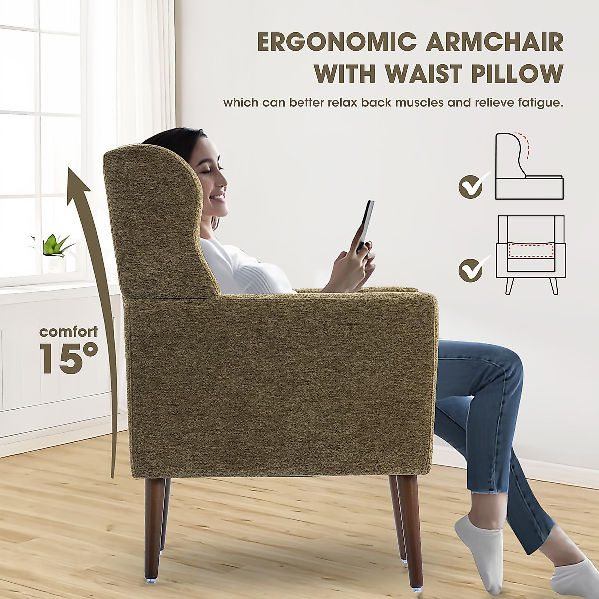 cinkehome Accent Arm Chairs for Living Room, Chenille Upholstered Mordern Armchair, Comfy Soft Padded Lounge Chair in Small Spaces, Bedroom, Pillow, Solid Wood Leg, Olive Green