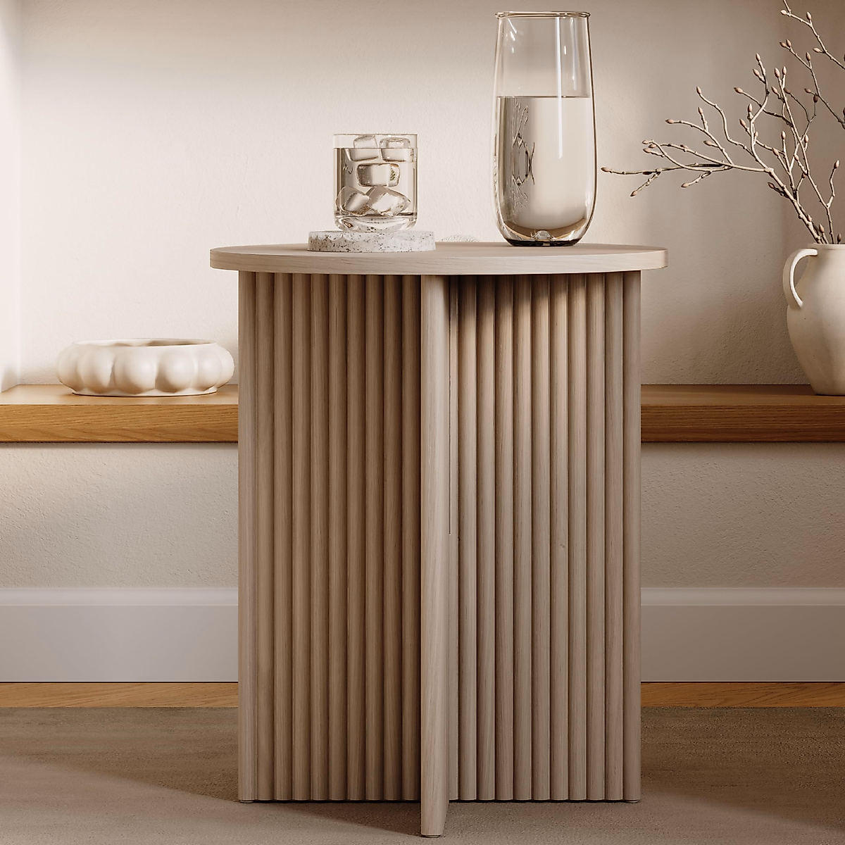 Round Fluted Accent Side Table - Pedestal Drink Table - Modern Home, Bedroom, and Living Room Furniture - Small Round End Table with Solid Wood X-Base and Wood Veneer Top (Weathered White)