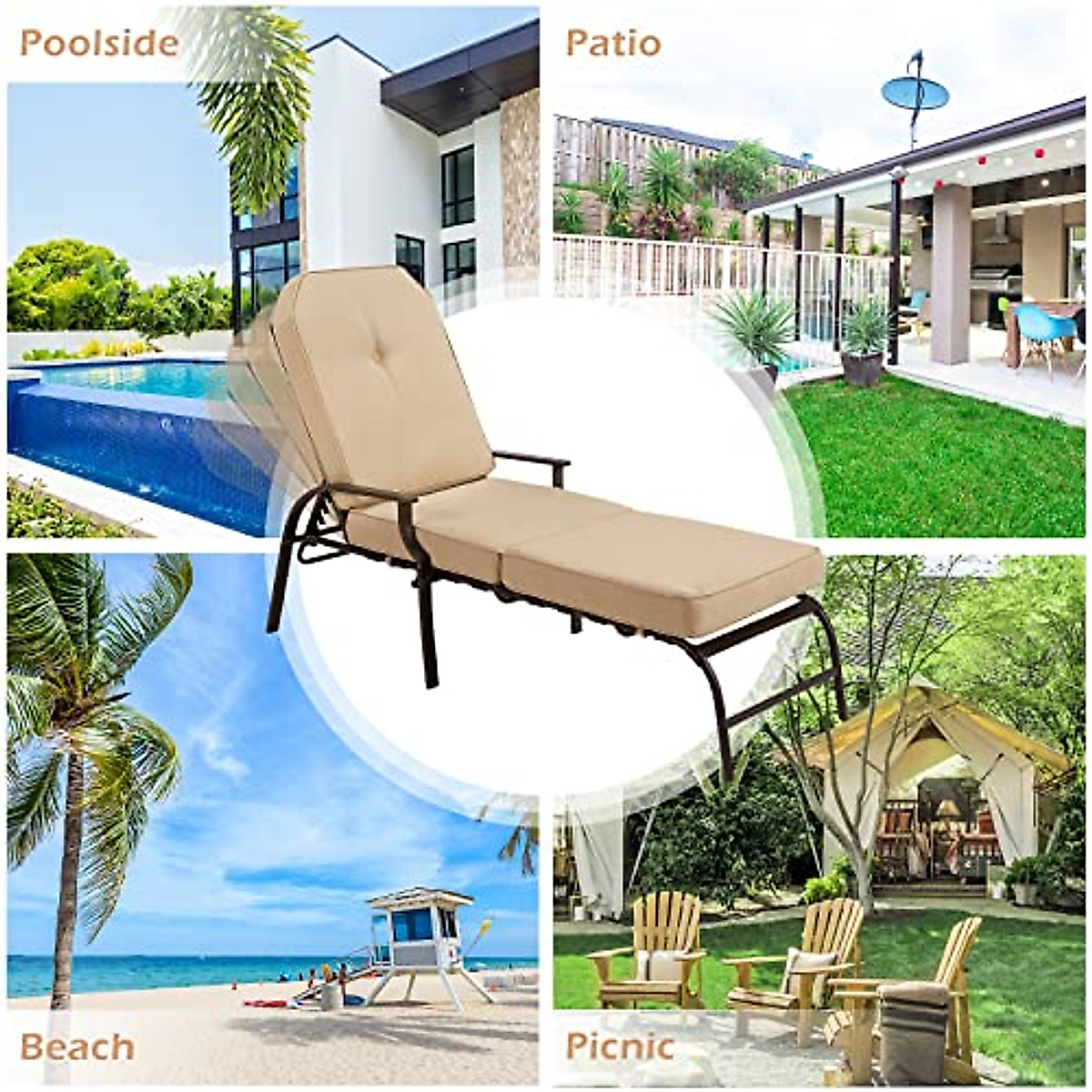 U-MAX Adjustable Outdoor Chaise Lounge Chair Patio Lounge Chair Recliner Furniture with Armrest and Cushion for Deck, Poolside, Backyard (Beige)