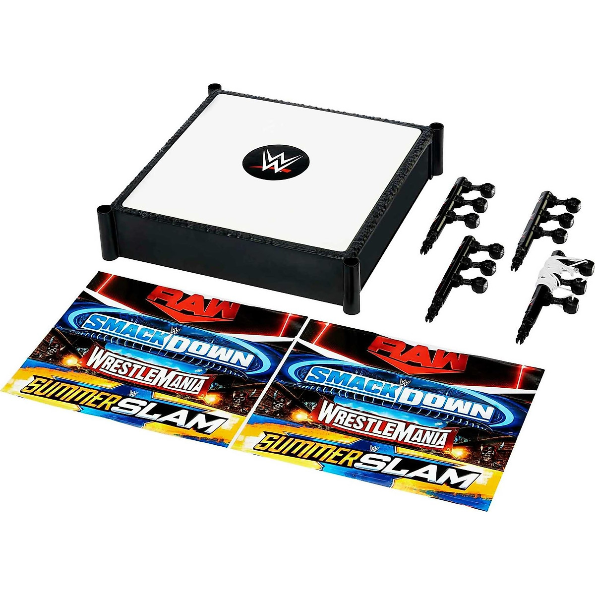 Mattel WWE Superstar Ring, 14 inches with Spring-Loaded Mat, 4 Event Apron Stickers & Pro-Tension Ropes for WWE 6-inch Action Figures