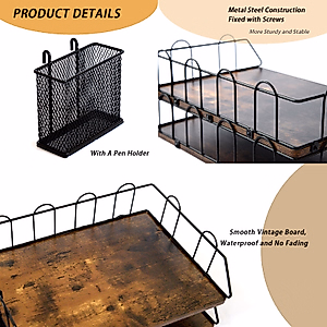 Desk Organizers, File Organizer for Desk, Wood Paper Letter Tray Organizer Stackable for School, Home, Office Supplies with Pen Holder (2 Layer)