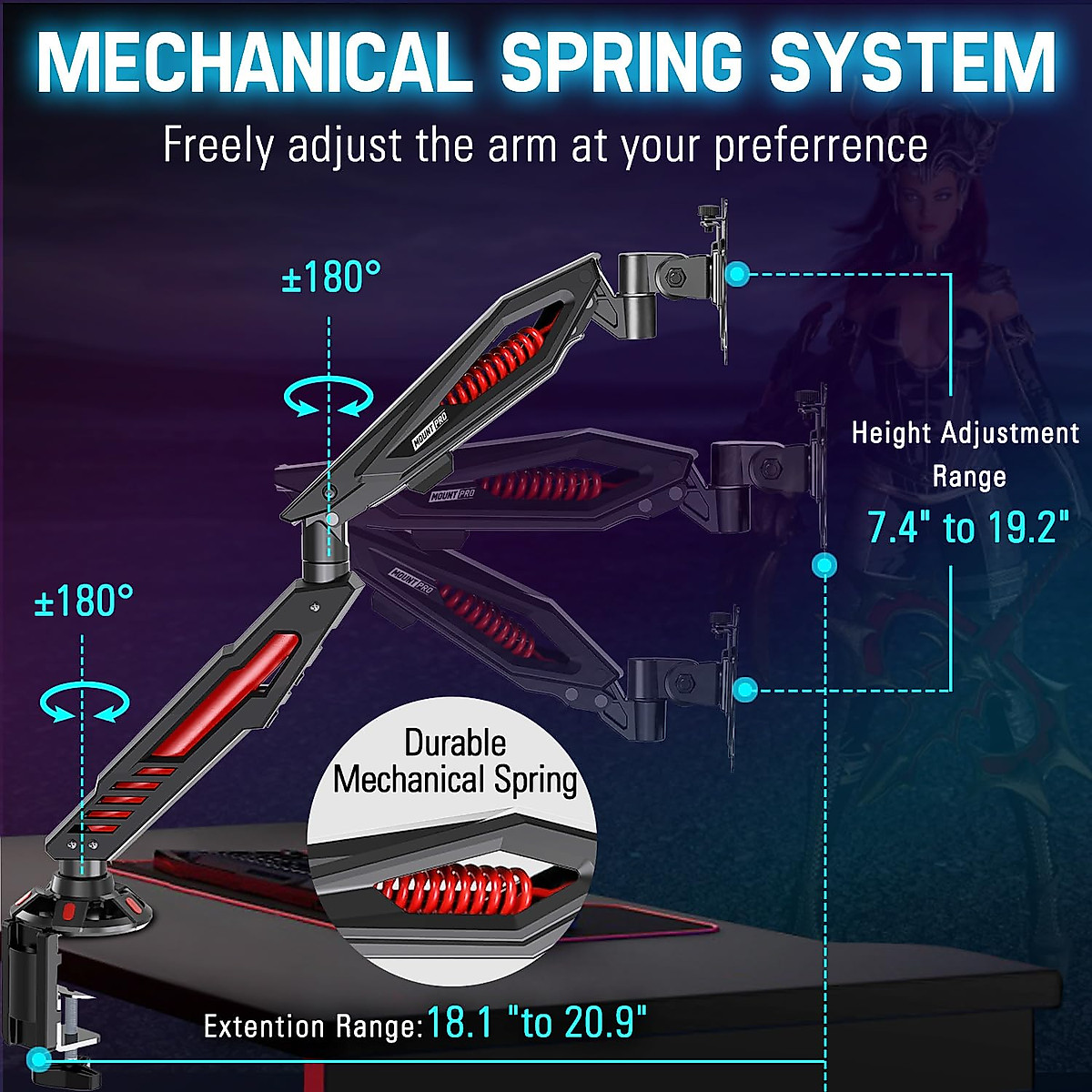 MOUNT PRO Single Gaming Monitor Stand - Mechanical Spring Monitor Mount, Adjustable Gaming Monitor Arm with C Clamp and Grommet Mounting Base - Fits for Computer Screen up to 32”, VESA 75x75, 100x100