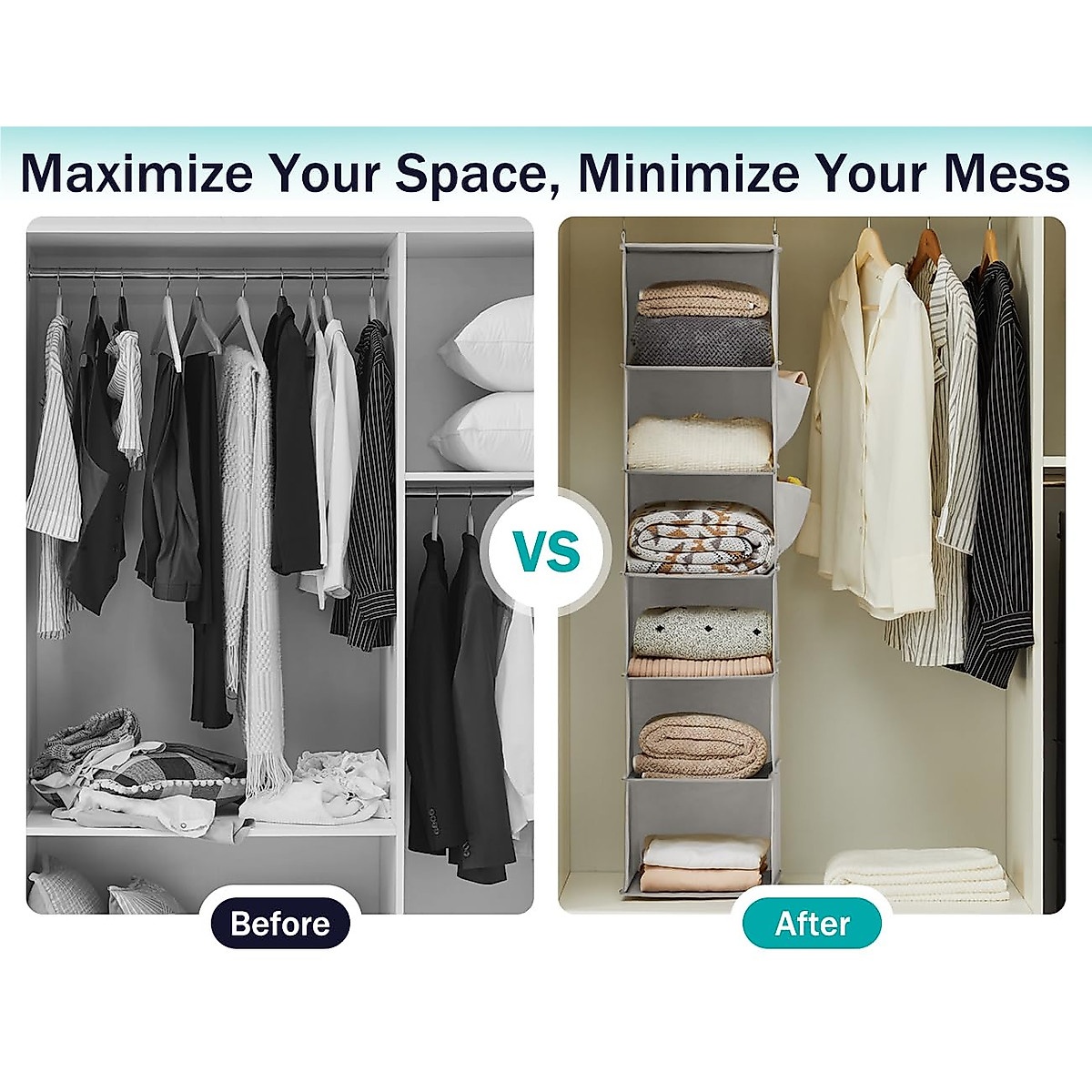 YOUDENOVA Hanging Closet Organizer, 6-Shelf Closet Hanging Storage Shelves, 2 Packs, Light Grey