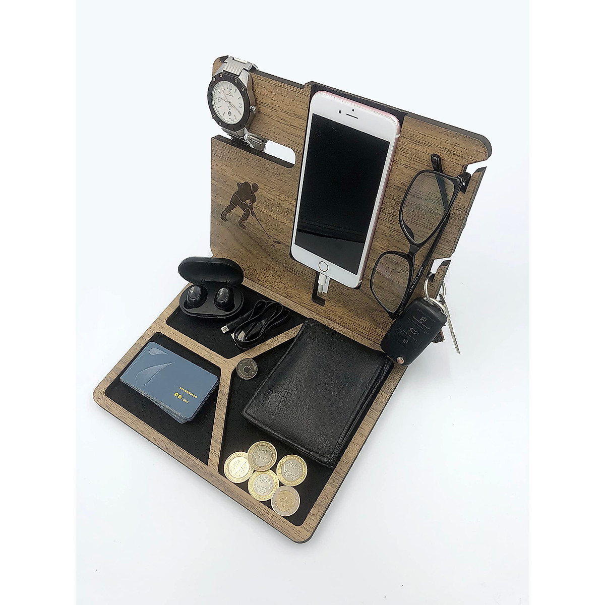 Wooden Phone Docking Station Hockey Figure Printed Wallet Stand,Watch Stand,Key Holder,Gift for Men and Women,Birthday,Graduation,Anniversary