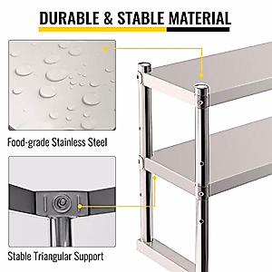 VEVOR Double Overshelf, Double Tier Stainless Steel Overshelf, 36 in. Length x 12 in. Width Double Deck Overshelf, Height Adjustable Overshelf for Prep & Work Table in Kitchen, Restaurant