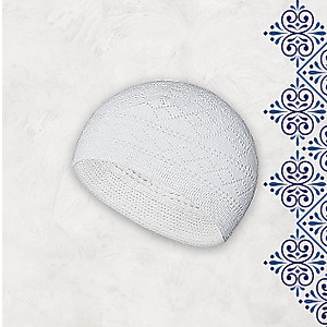 ESERRA Kufi Hats for Men Muslim, Prayer Cap, Handicraft Taqiyah, Taqiyah Cap, Muslim Tasbih 99 Beads, Muslim Prayer Beads (White and Black)