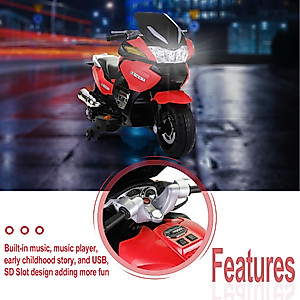 TOBBI 12V Kids Ride On Electric Motorcycle, Toddler Dirt Bike Training Wheels, Battery Powered Motorbike for Kids with LED Lights/Music/USB/Pedal, Ideal Gift for Children Boys Girls-Red