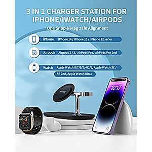 MAKAQI 3 in 1 Mag-Safe Charging Station, Wireless Charger Stand Compatible with Magsafe Charger iPhone 14/13/12, Fast Charging Stand for AirPods Pro 2nd/3/2, Apple Watch Ultra SE 2nd/8/7