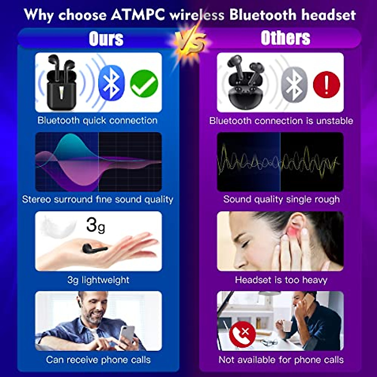 ATMPC Wireless Earbuds, Ear Buds with Touch Control and Wireless Charging Case, Built-in Microphone Black Ear Budsear Buds Suitable for Gym, Office, Bus