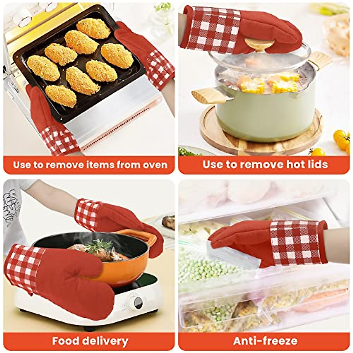 Oven Mitts and Pot Holders, 4 Piece Heat Resistant Thick Cotton Oven Mitts, Comfortable Cotton Oven Gloves for Cooking, Baking and Grilling, Red Plaid