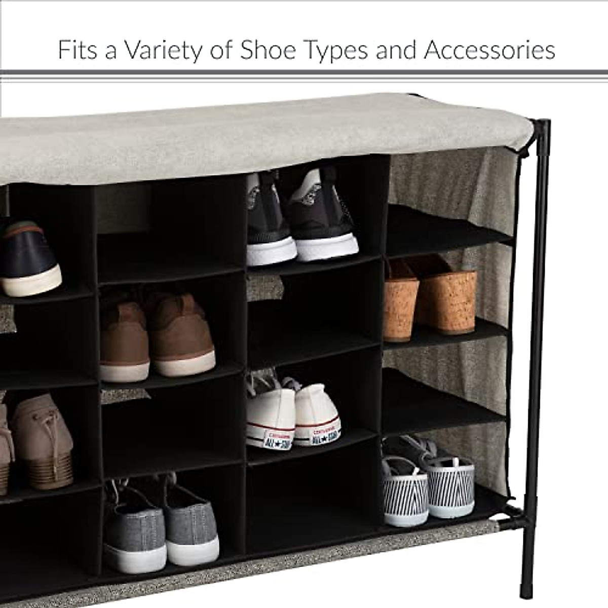 Simplify 16 Pair Shoe Rack with Cover | Dimensions: 14" x 33" x 24" | 16 Compartments | Stackable | Cover | Multipurpose | Easy to Assemble | Black