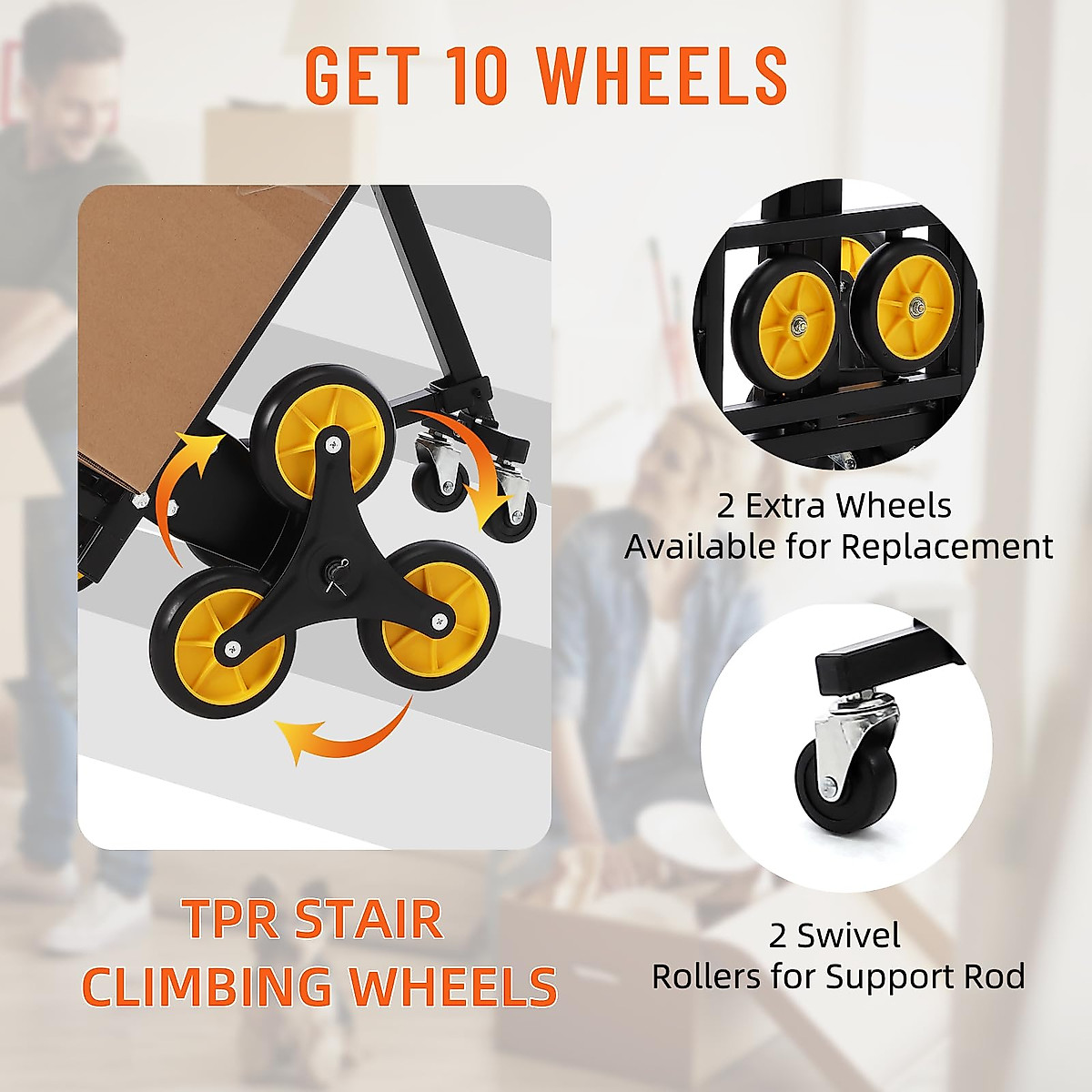 Stair Climber Trolley Cart Dolly, 330 Lbs Capacity Heavy Duty Stair Climber Trolley, Foldable Cart with Telescopic Handle and 10 Wheels