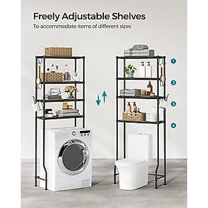 SONGMICS 4 Tier Over The Toilet Storage, Metal Storage Rack, Adjustable Shelves, 4 Hooks, Roll Holder, Space-Saving Bathroom Storage Shelf Organizer, 11.8 x 24.8 x 69.3 Inches, Black UBTS013B01