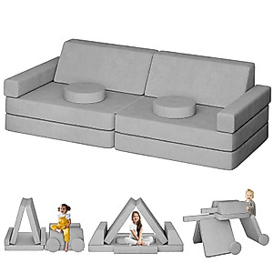 Neoriver Modular Kids Play Couch 10Pcs, 65.4" Kids Couch for Playroom Bedroom, Multifunctional Modular Toddler Couch, Over 10 Combinations Creative Sofa for Imaginative Kids -Grey
