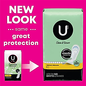 U by Kotex Clean & Secure Ultra Thin Pads, Regular Absorbency, 176 Count (4 Packs of 44) (Packaging May Vary)