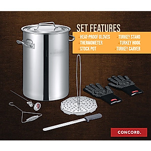 CONCORD Heavy Duty Stainless Steel Turkey Fryer Kit with Rack, Slicer, Hook, Thermometer, and heat proof gloves. Also great for Seafood Boil, Crawfish Boil, and more (Turkey Fryer Kit)