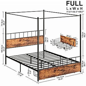 LIKIMIO Canopy Bed Frame Full with Wooden Headboard and Drawer, Full Size Bed Frame with 4 Removable Sturdy Posts, Noise Free, No Box Spring Needed, Vintage Brown