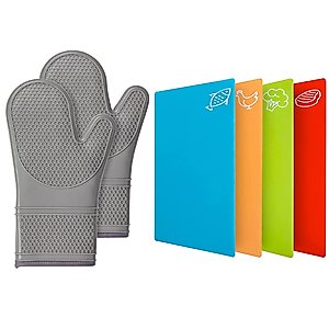 Gorilla Grip Silicone Oven Mitts and Flexible Cutting Boards 4 Pack, Oven Mitts Are Extra Long in Gray Color, Flexible Cutting Boards Are Multicolor, 2 Item Bundle