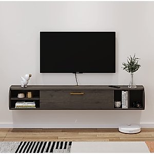 Bixiaomei Floating TV Unit, 47'' Wall Mounted TV Cabinet, Floating Shelves with 4 Cabinets, Wooden Entertainment Media Console Center Large Storage TV Bench for Living Room & Office (47IN, Dark Grey)