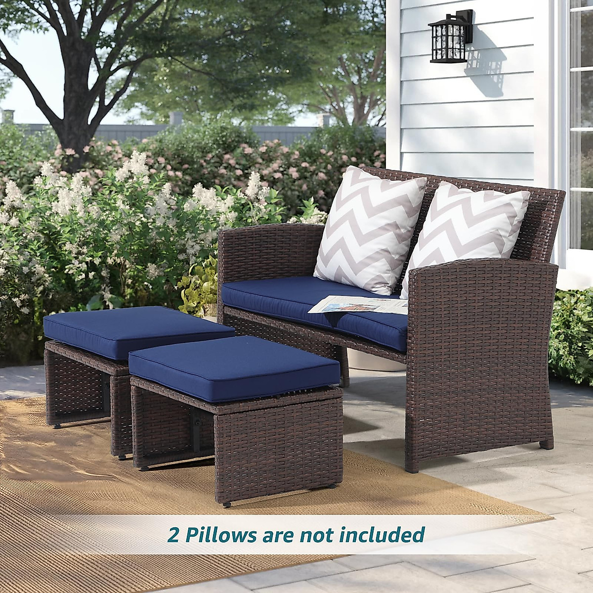OC Orange-Casual Outdoor Loveseat 3 Piece Patio Furniture Set Outdoor Conversation Set All-Weather Wicker Love Seat with Ottoman/Side Table, Brown Rattan, Blue
