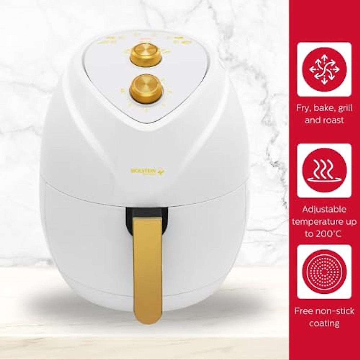 Holstein Housewares 4.8QT Air Fryer - Convenient and User Friendly with Optimal Cooking Functions to Fry, Bake, Grill and Roast, White and Gold Color. Golden Elegance