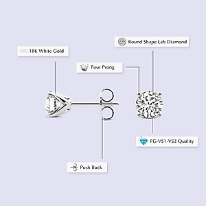 Diamond Stud Earring | 2 Carat IGI Certified Round Shape Lab Grown Diamond | 18K in White Gold |Flora Four Prong Lab Diamond Stud Earrings| Prong Setting | FG-VS1-VS2 Quality | Friendly Diamonds