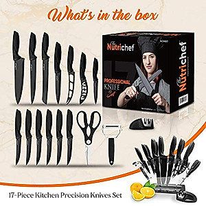 NutriChef 17 Piece Kitchen Knife Set - Stainless Steel Kitchen Precision Knives Set w/ 6 Steak Knives & Bonus Sharpener, Scissors, Peeler, Acrylic Block Stand - Slicing, Chopping, Dicing - NCKNS17