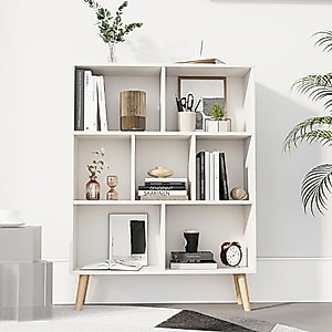 DIFY Wooden Bookcase 7 Cube Open Bookcase with Legs, Display Bookshelves Storage Organizer Shelf for Living Room, Home Office and Bedroom, White