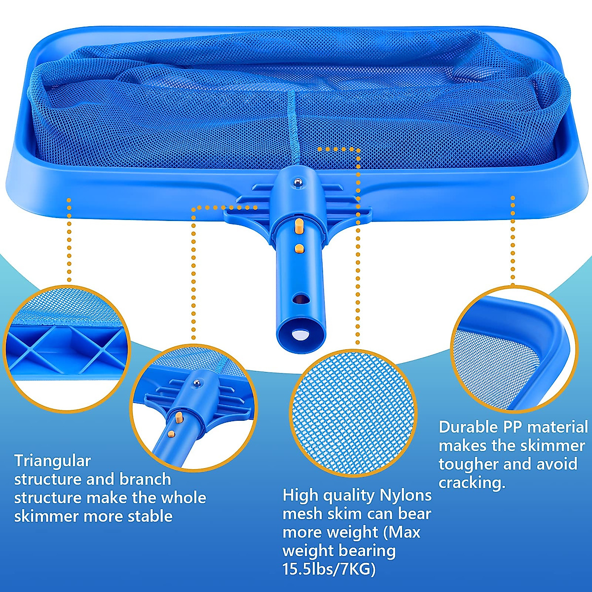SORSWEET Pool Rake, Heavy Duty 17" Leaf Skimmer Net, Including EZ-Clip, Deep Bag Catcher, Pool Net for Cleaning Pool, Fits Standard 1-1/4" Pole, Pole Not Included