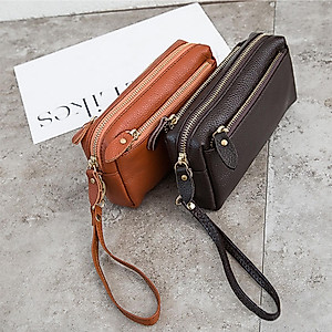Genuine Leather Wristlet Clutch Wallet Purses for Women Small Crossbody Bags 7 Inch Shoulder Handbag 2 Straps, Coffe